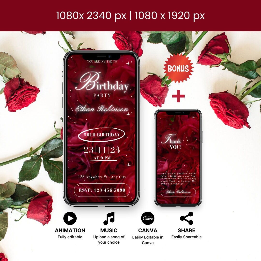 Editable Red Rose Birthday Dinner Invitation, Digital Women Birthday ...