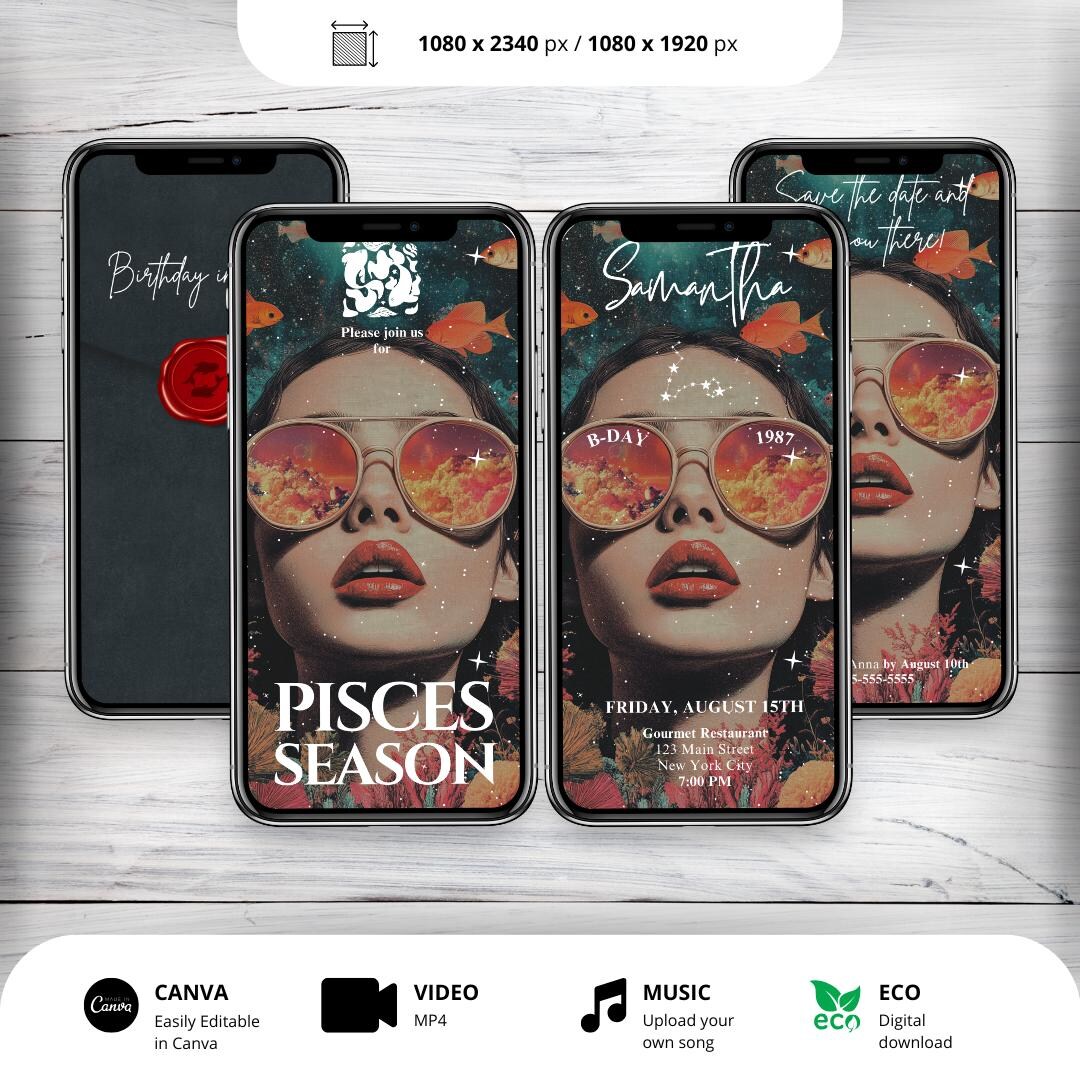 Animated Pisces Season Birthday Invitation, Editable Pop Art Collage ...