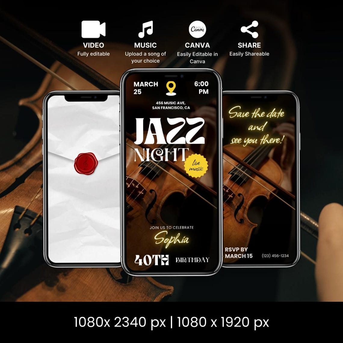 Animated Jazz Night Birthday Invitation: Elegant Violin Music (digital ...
