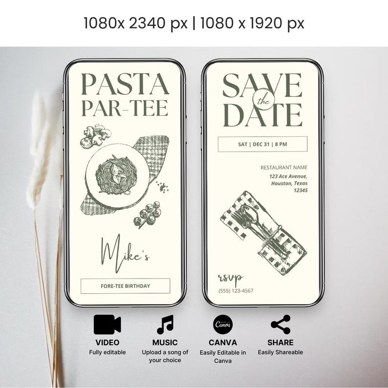 Animated Pasta Party Birthday Invitation, Digital Dinner Night, Italian ...