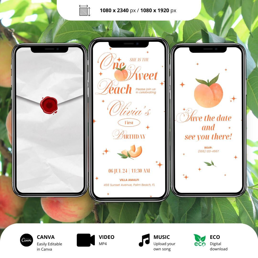 Animated Peach Birthday Invitation Template, One Sweet Peach Party ...