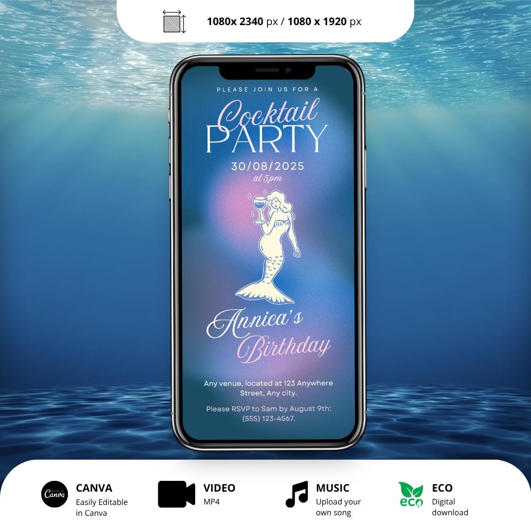 Animated Mermaid Birthday Invitation: Cocktail Party Template (digital ...