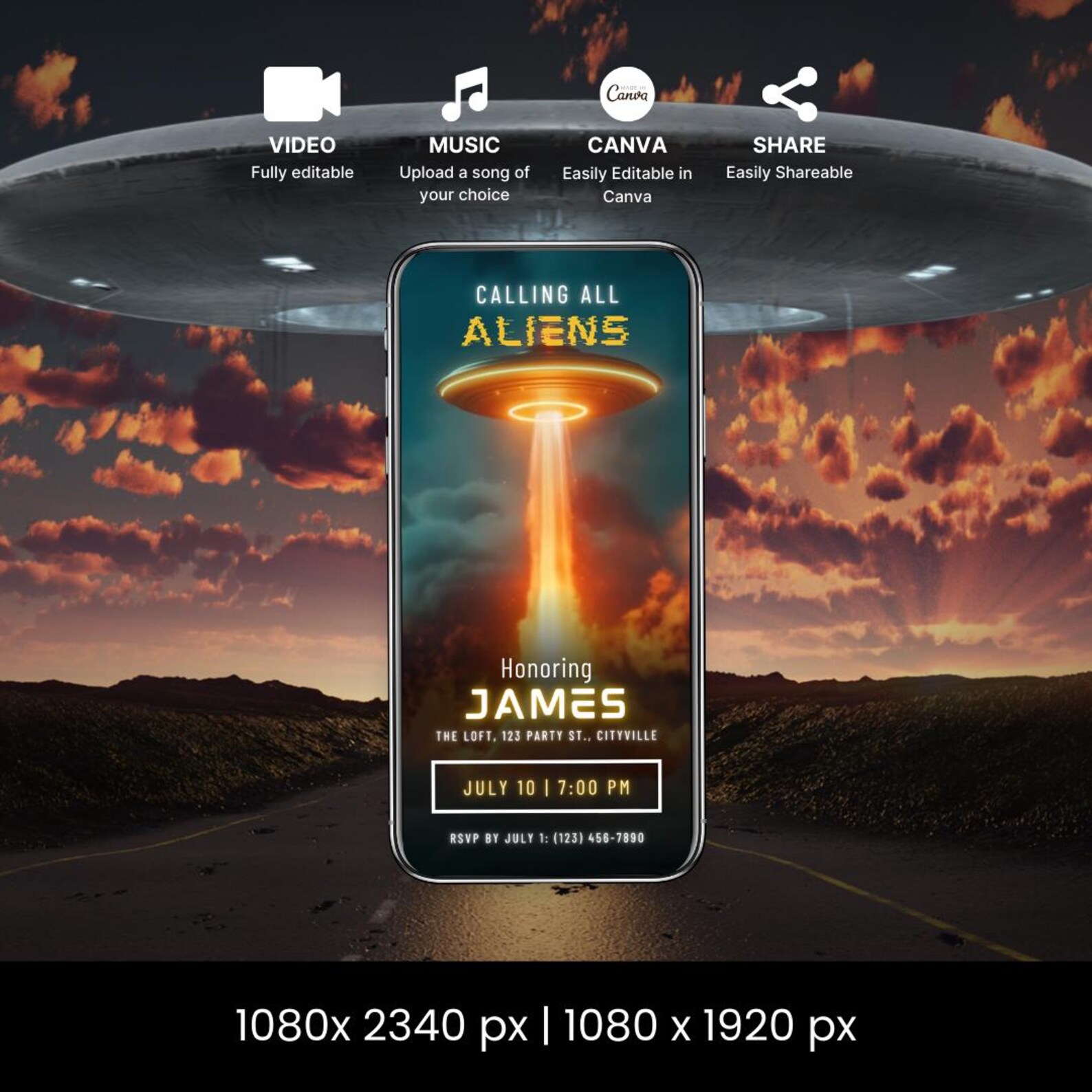 Digital Alien Birthday Invitation, UFO Video Invitation, Editable ...
