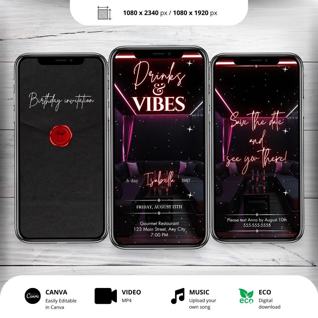 Animated Drinks & Vibes Birthday Invitation, Red Neon VIP Invitate ...