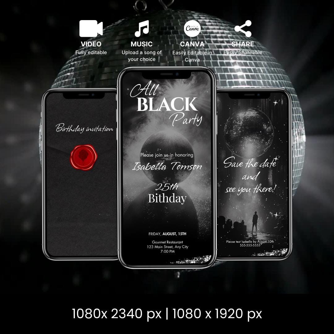All Black Birthday Party Invitation, Birthday Dinner, Birthday Brunch ...
