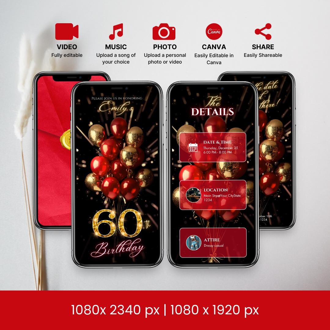 Animated 60th Birthday Video Invitation: Glam Gold Balloons (editable ...