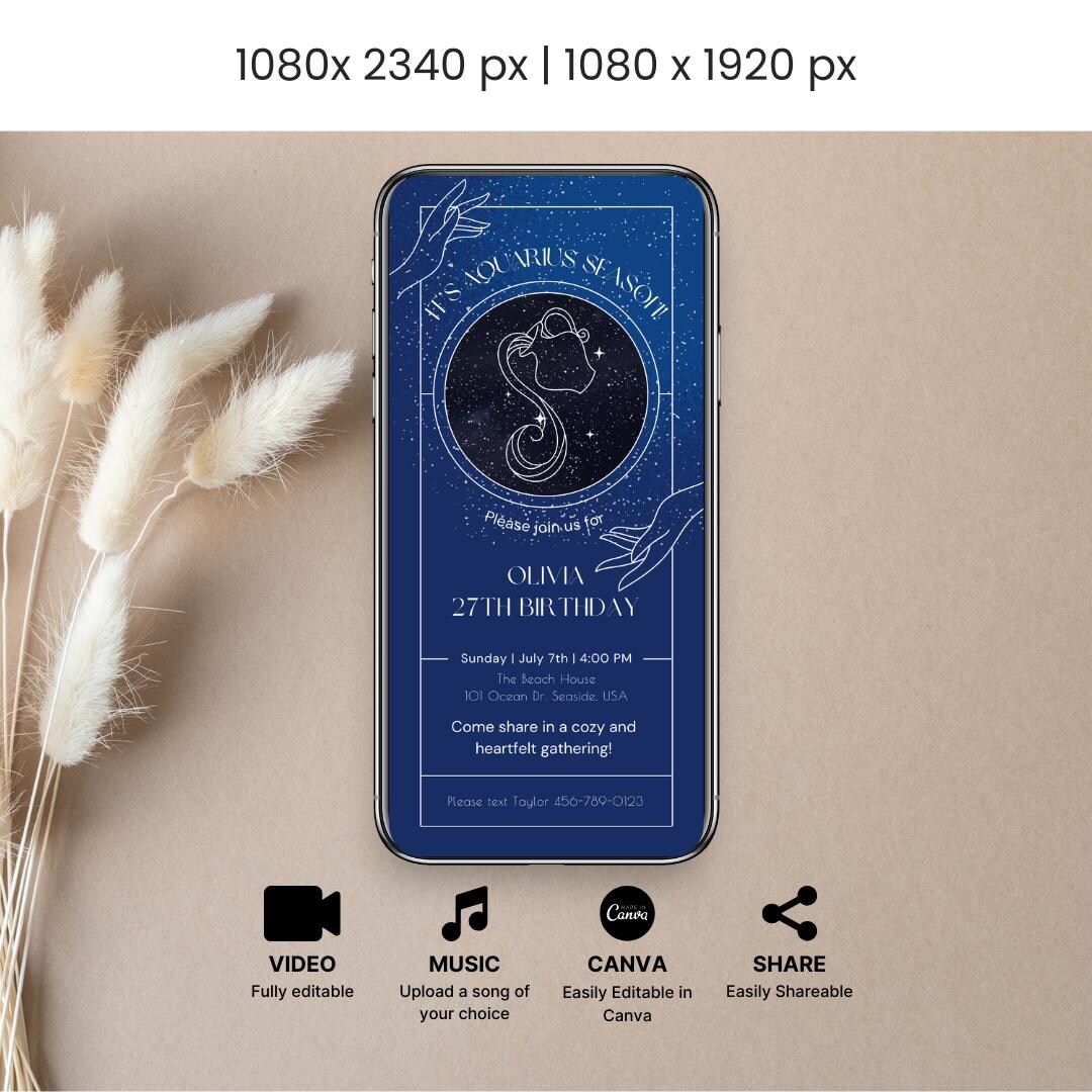 Animated Aquarius Season Birthday Party, Editable Zodiac Themed ...