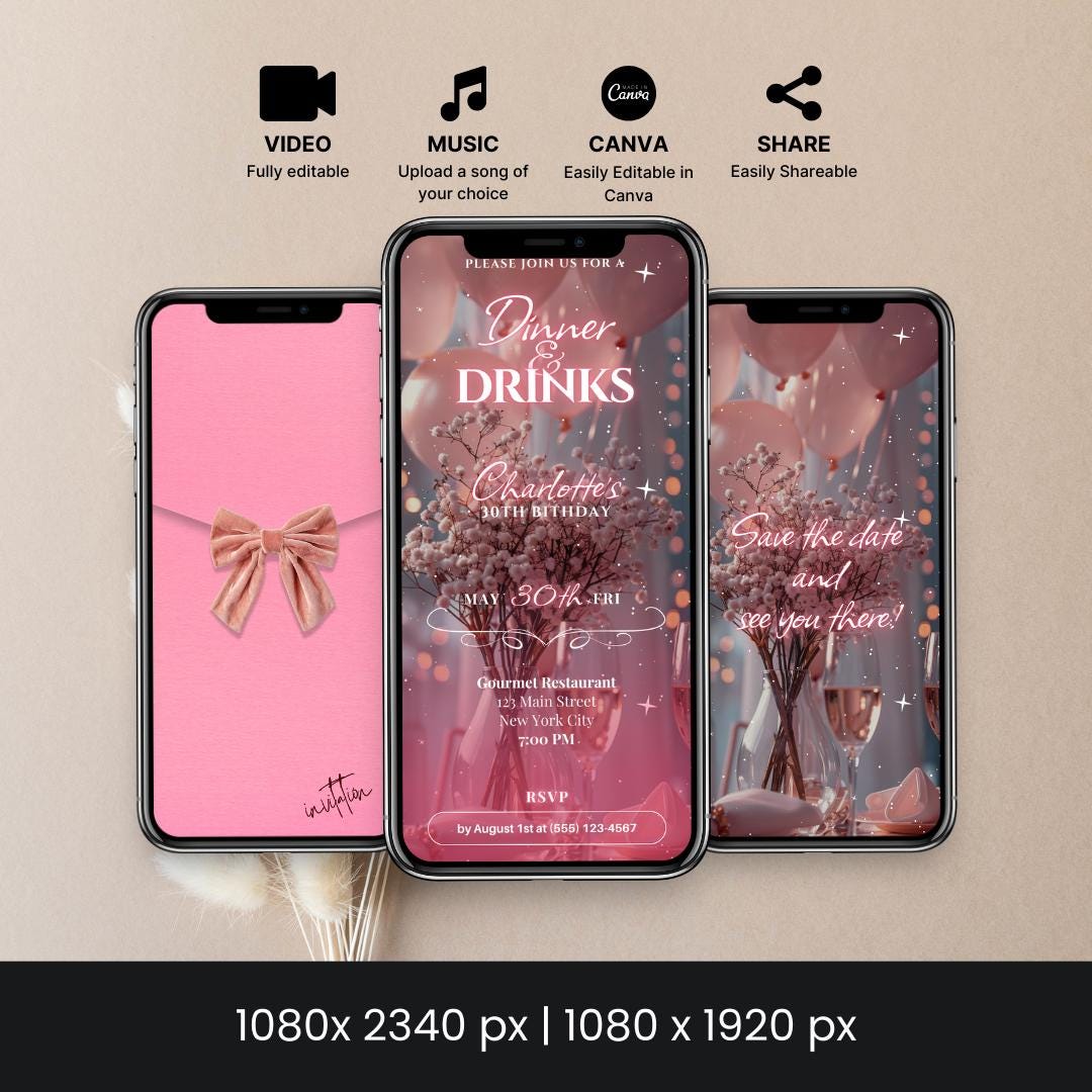 Animated Pink Dinner & Drinks Invitation, Birthday Dinner Invitation ...