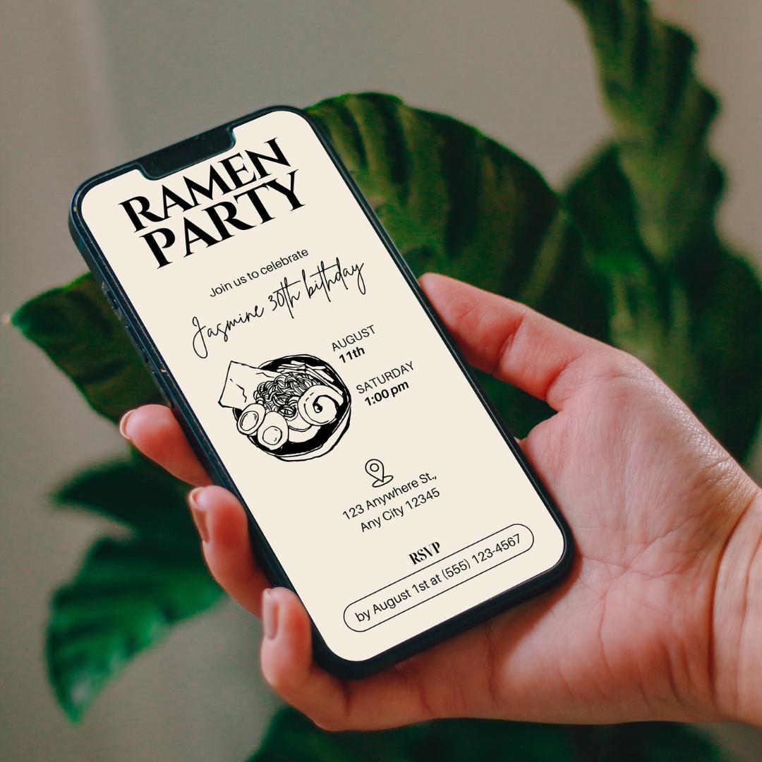 Editable Ramen Birthday Party, Digital Invitation, Bowl Noodles Soup ...