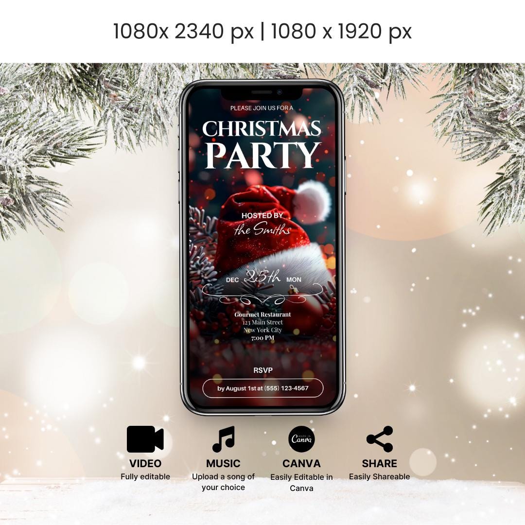 Animated Digital Christmas Invitation, Santa Hat Party Invie, Editable ...