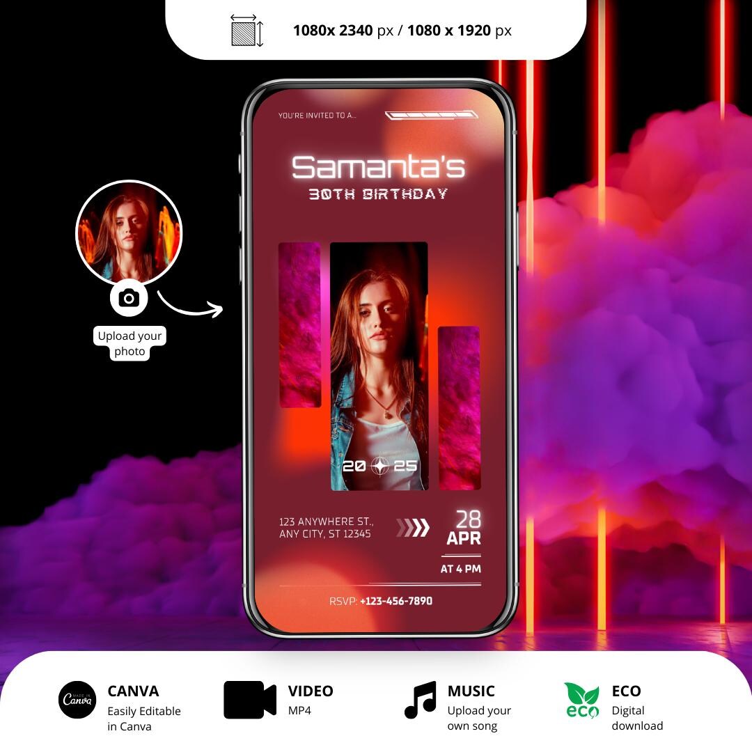Animated Editable Cyberpunk Birthday Invitation, Futuristic Neon Tech ...