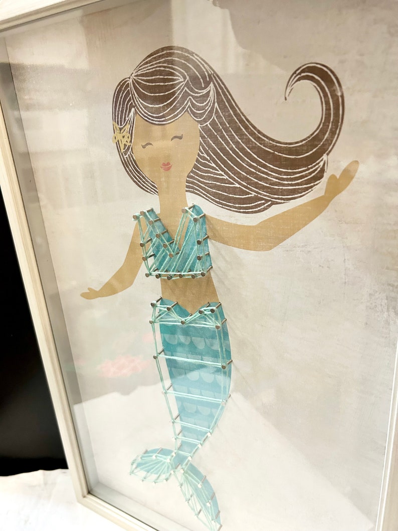 Whimsical Large String Art Mermaid Framed Glass Picture 18” X 12” Wall ...