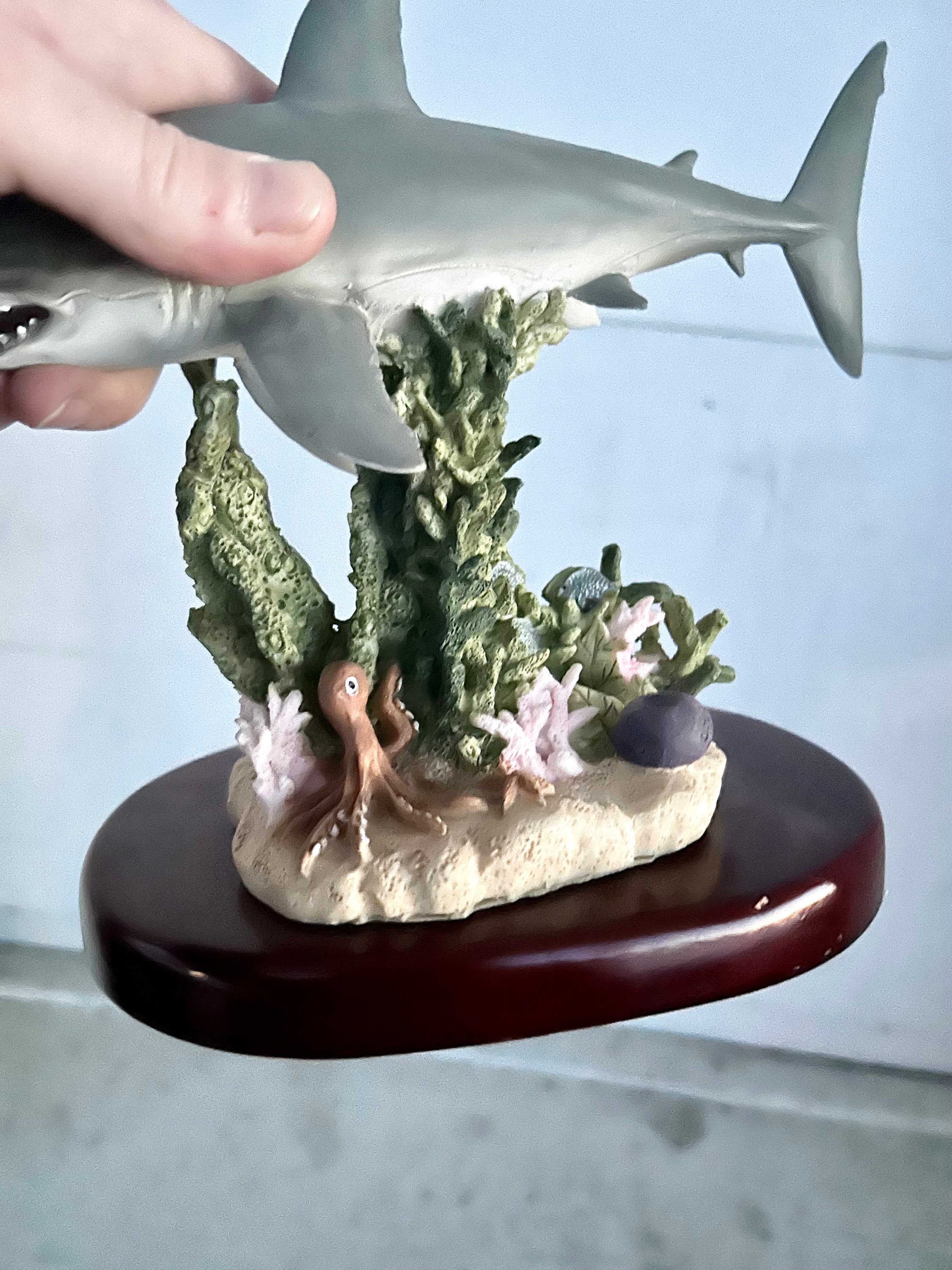 Shark Figurine Statue Swimming in Ocean Seaweed, Coral With Wooden Base ...