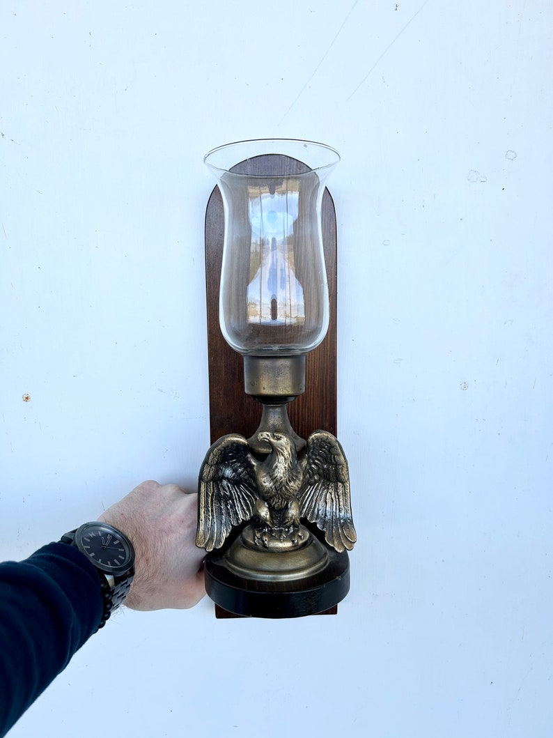 Vintage Brass Bronze Cast Iron Eagle Statue Sconce Wooden Wall Hanging ...