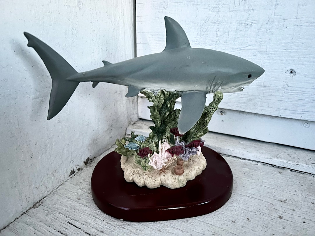 Shark Figurine Statue Swimming in Ocean Seaweed, Coral With Wooden Base ...