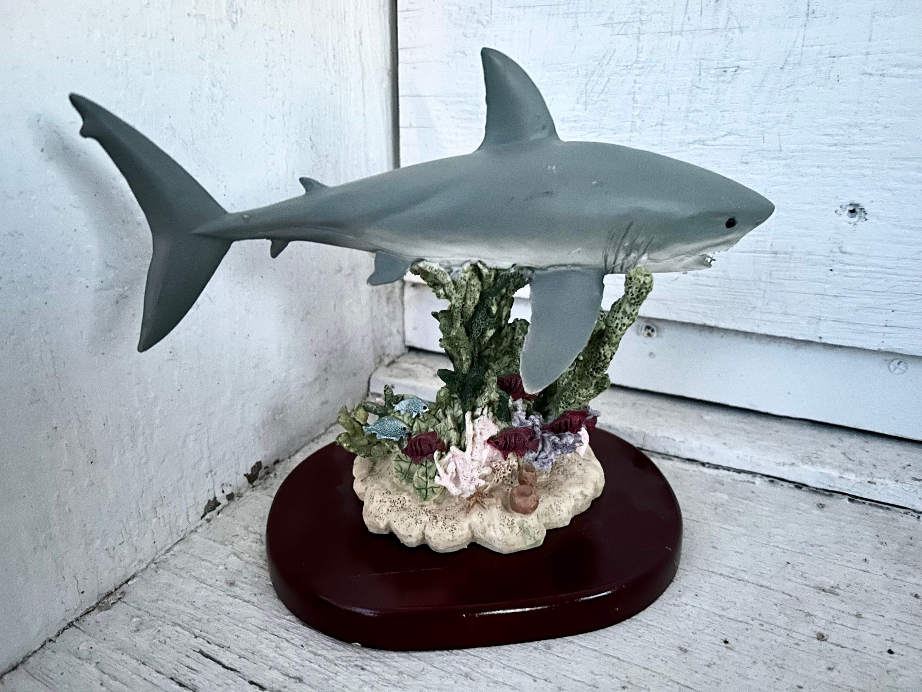 Shark Figurine Statue Swimming in Ocean Seaweed, Coral With Wooden Base ...