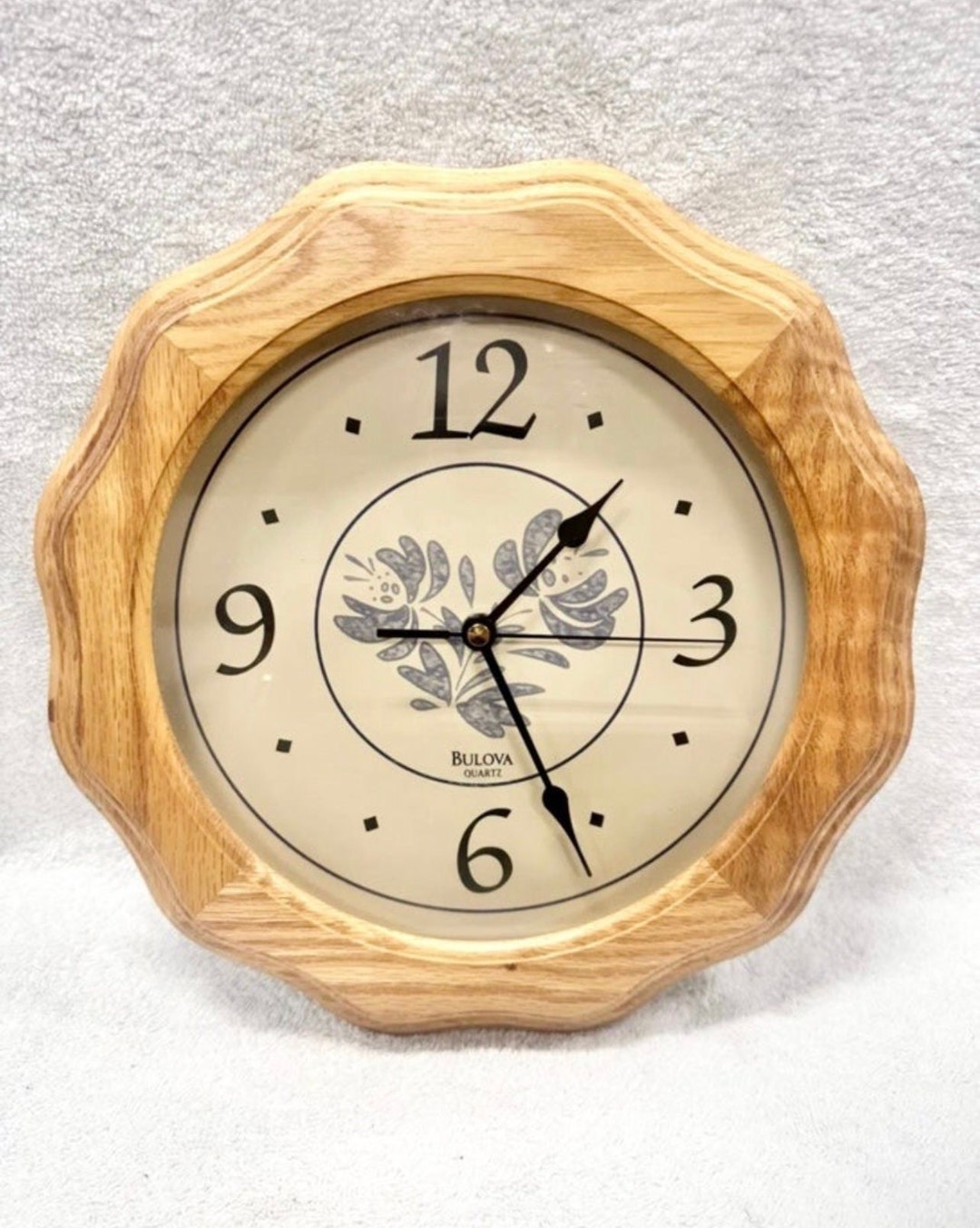 BULOVA Wall Clock 13” Round Beveled Wood Clock Quartz Battery Powered ...