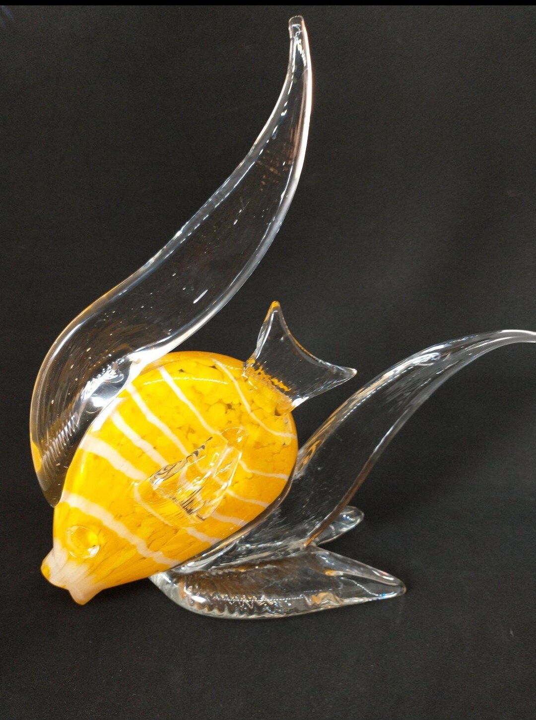 Hand Blown Glass Angel Fish Sculpture Statue Figurine Yellow Striped ...