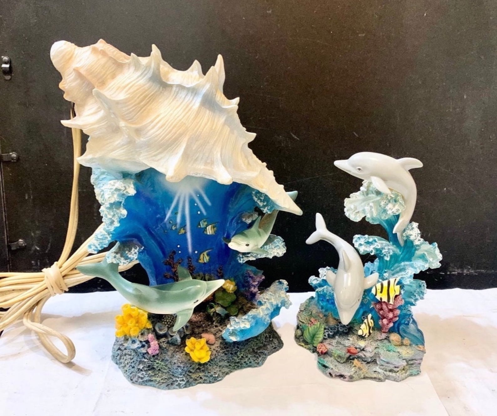 Vintage Rare - Conch Shell Dolphin Lamp and Figurine Dolphins in the ...