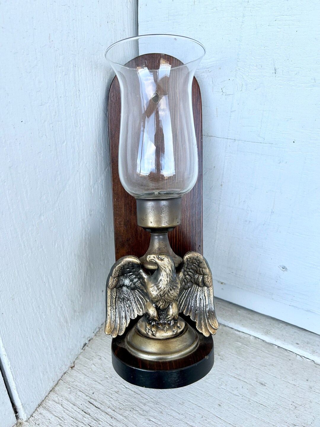 Vintage Brass Bronze Cast Iron Eagle Statue Sconce Wooden Wall Hanging ...