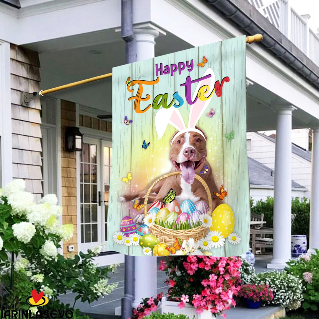 Pitbull Dog Happy Easter Day Double-sided Flag, Pitbull Dog Easter Egg ...