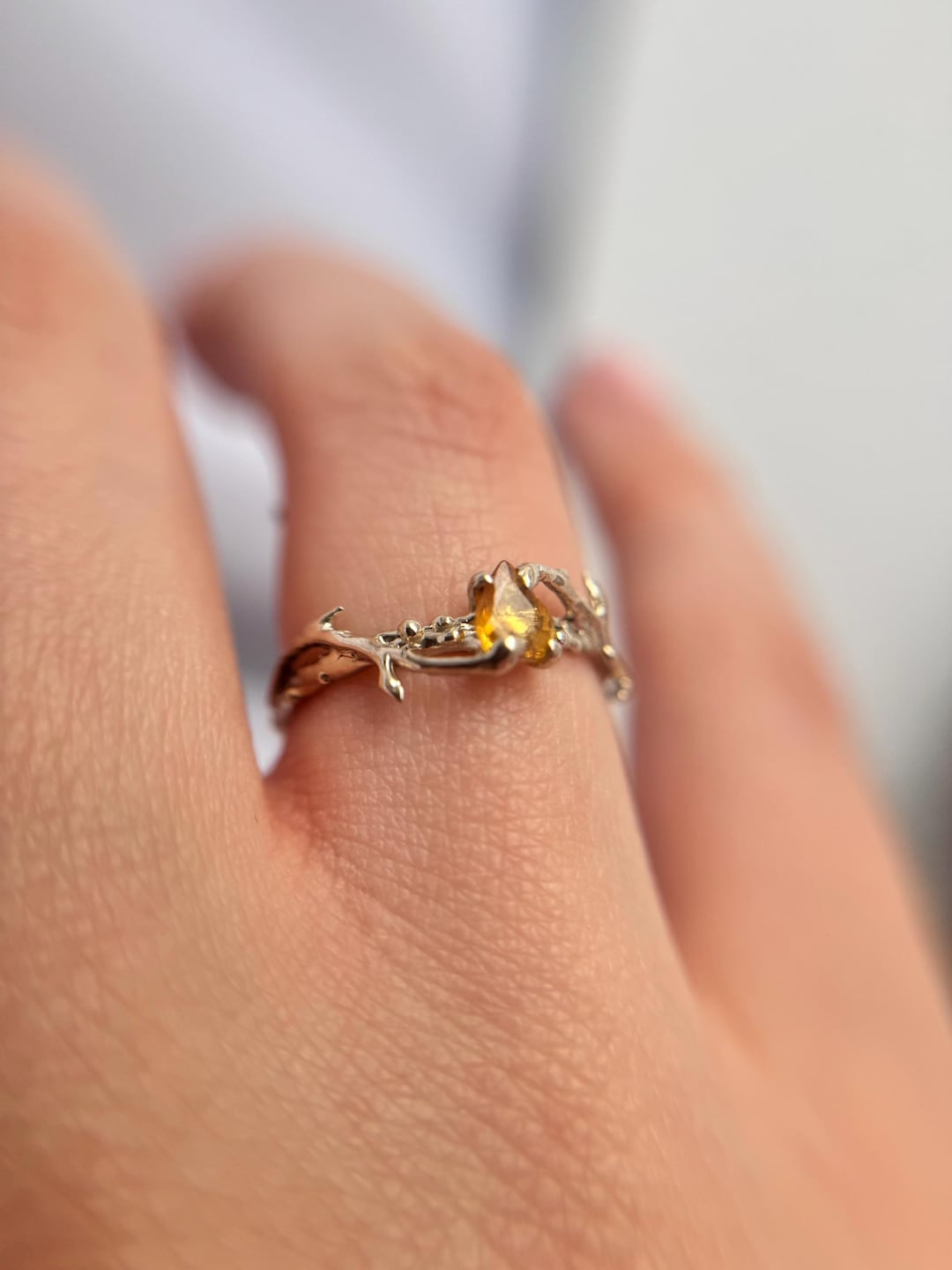 White Gold Saphire Fairy Ring , Tree Branch and Leaf Ring, Twig Fantasy ...