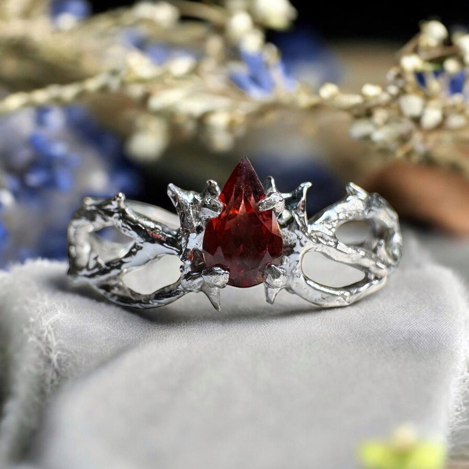 Garnet Fairy Ring, Twig Garnet Tree Branch Ring, Thin Silver Nature ...