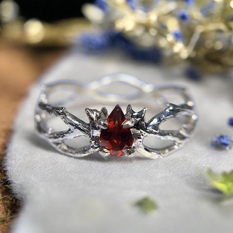 Garnet Fairy Ring, Twig Garnet Tree Branch Ring, Thin Silver Nature ...