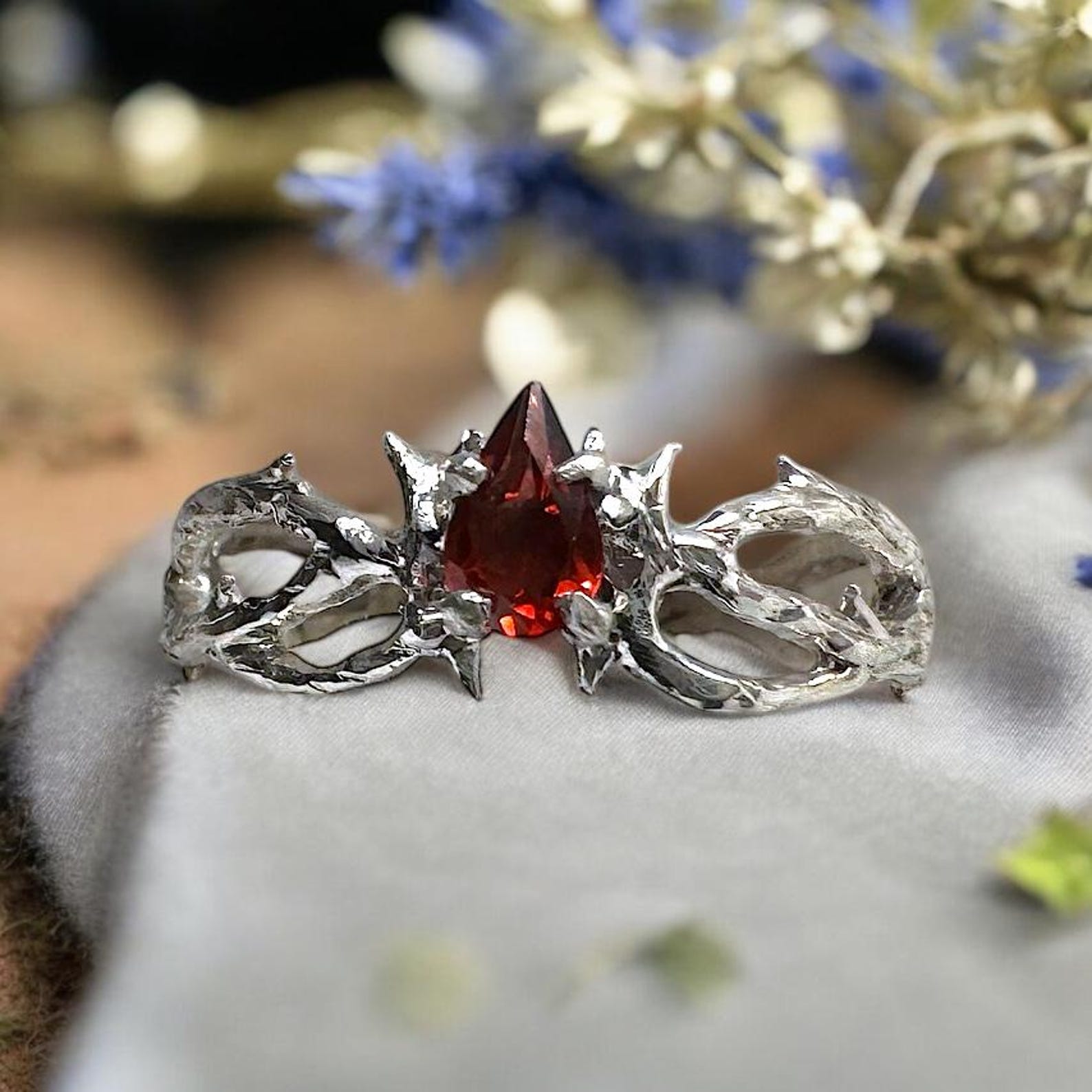 Garnet Fairy Ring, Twig Garnet Tree Branch Ring, Thin Silver Nature ...