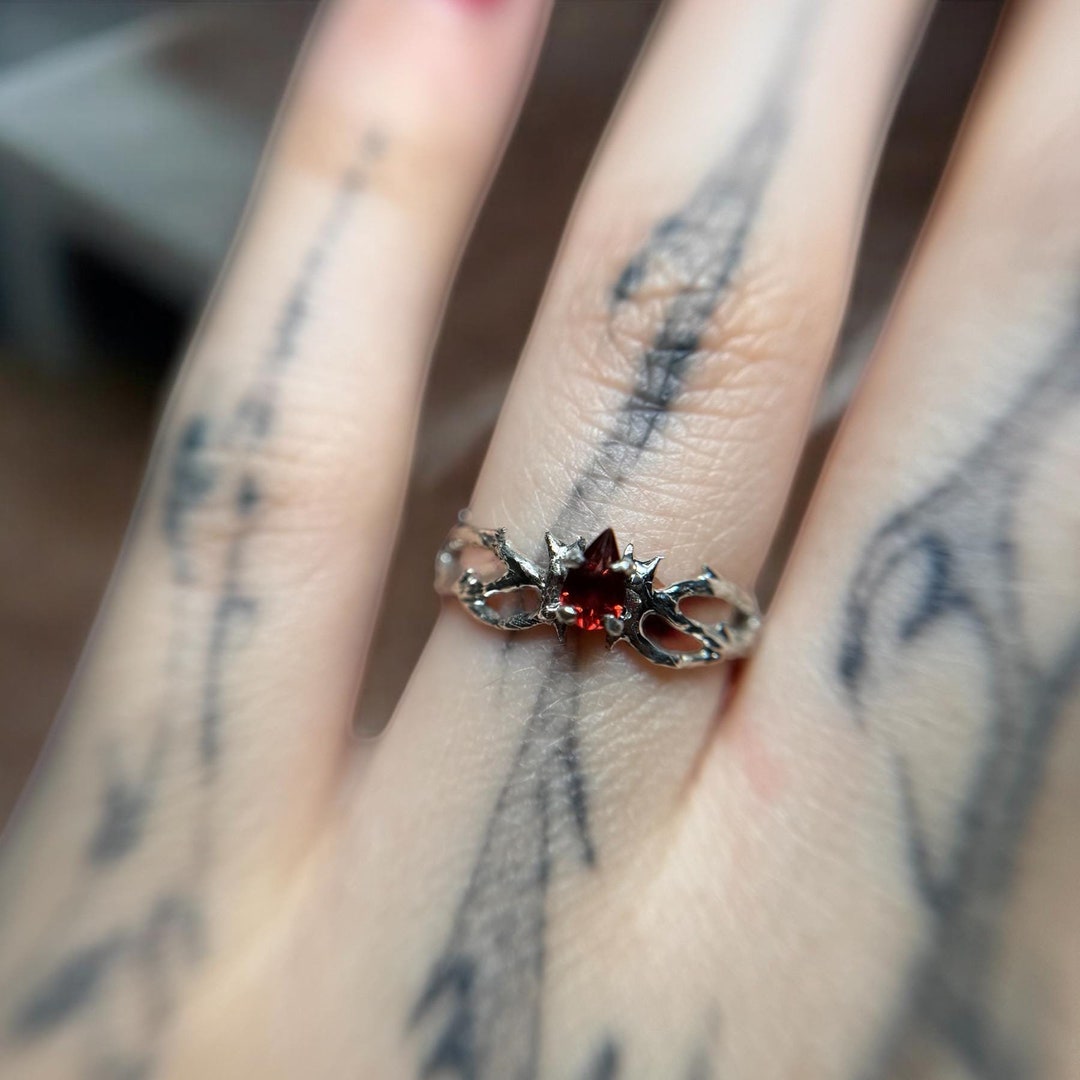 Garnet Fairy Ring, Twig Garnet Tree Branch Ring, Thin Silver Nature ...