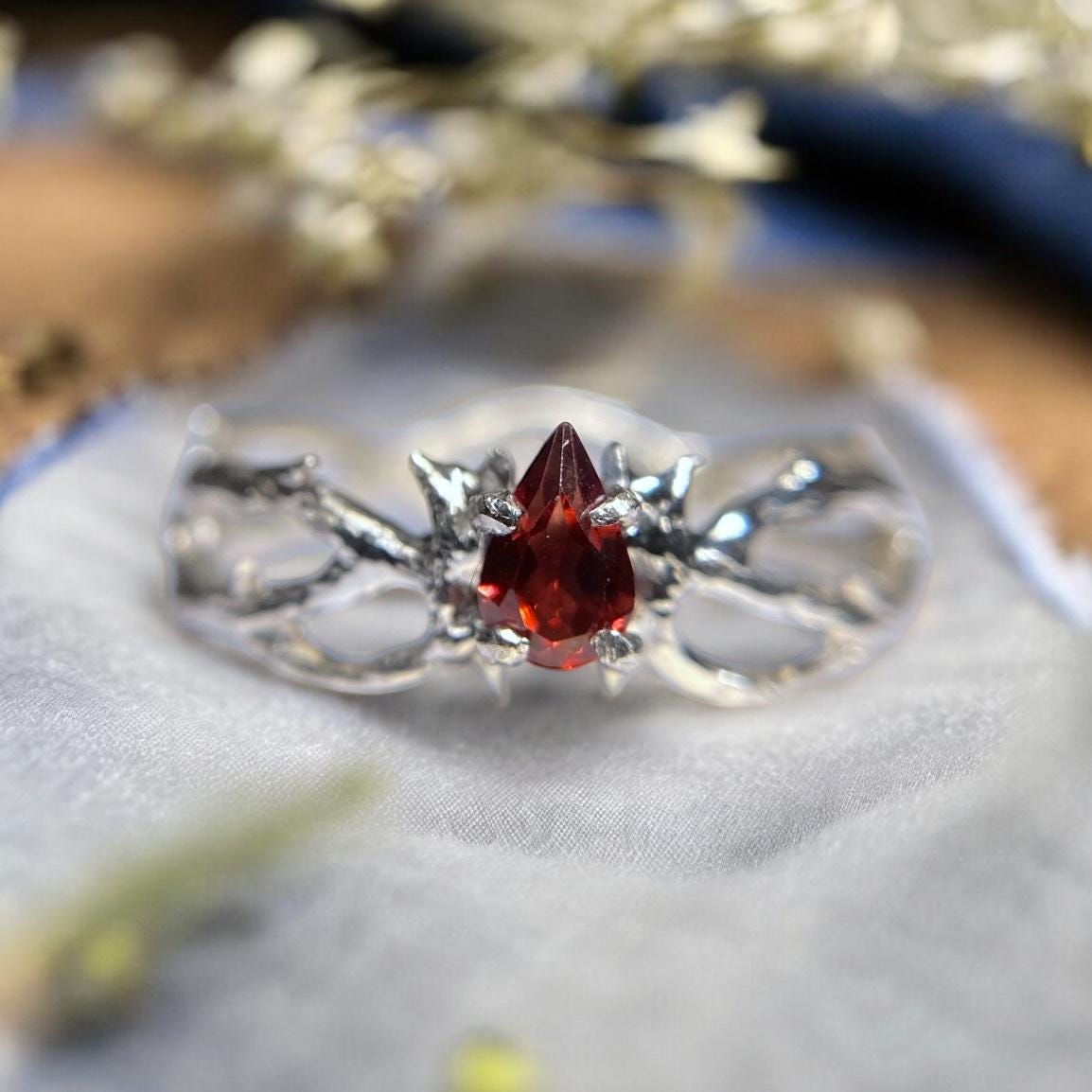 Garnet Fairy Ring, Twig Garnet Tree Branch Ring, Thin Silver Nature ...