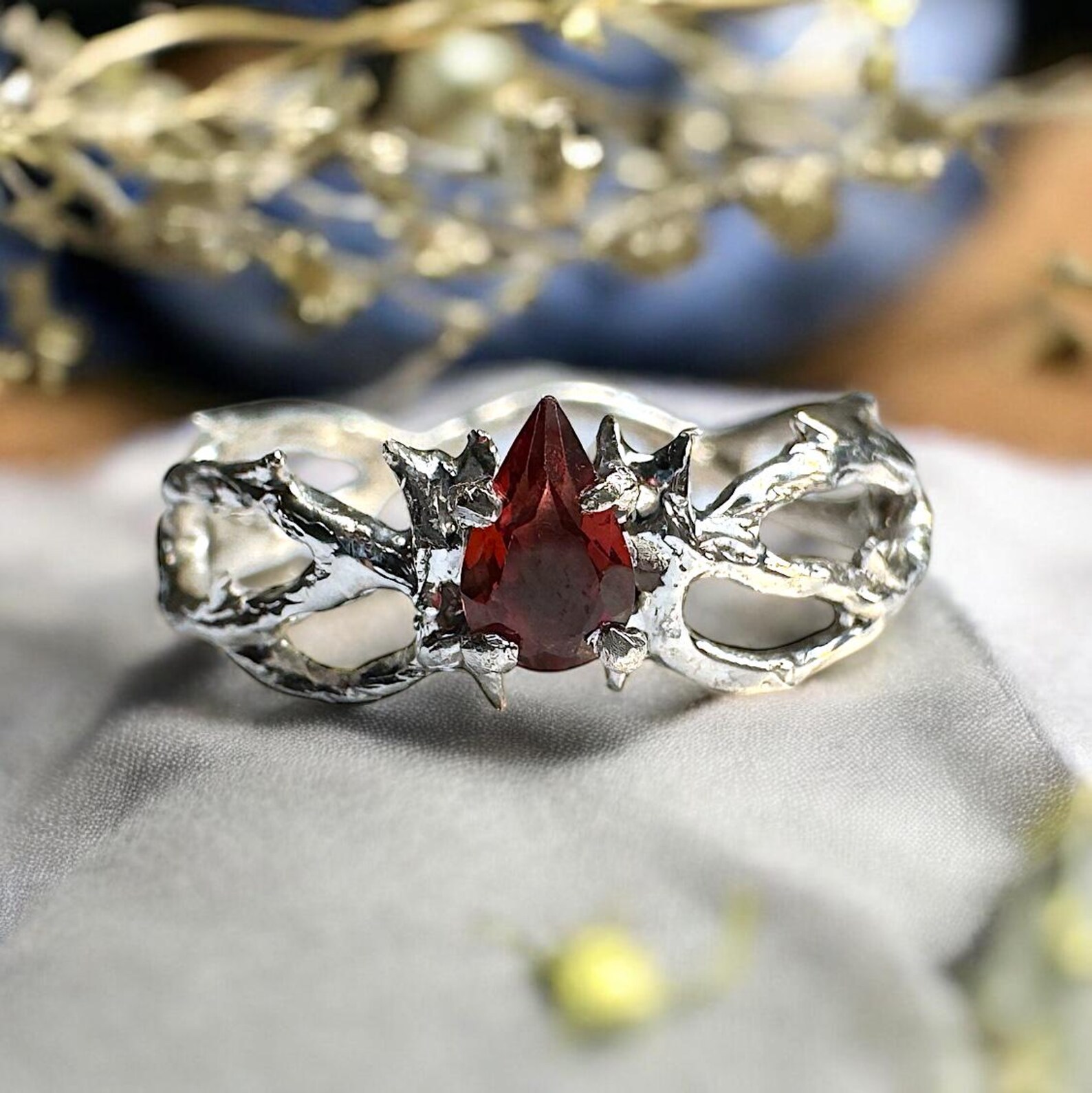 Garnet Fairy Ring, Twig Garnet Tree Branch Ring, Thin Silver Nature ...