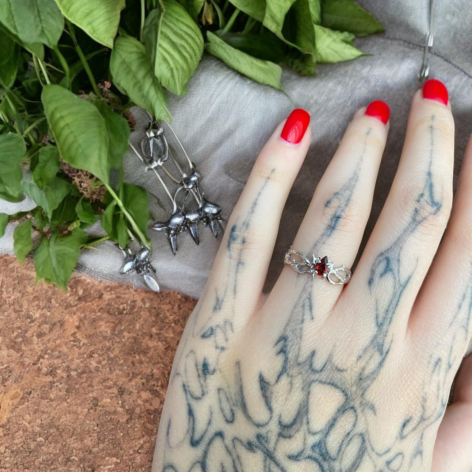 Garnet Fairy Ring, Twig Garnet Tree Branch Ring, Thin Silver Nature ...