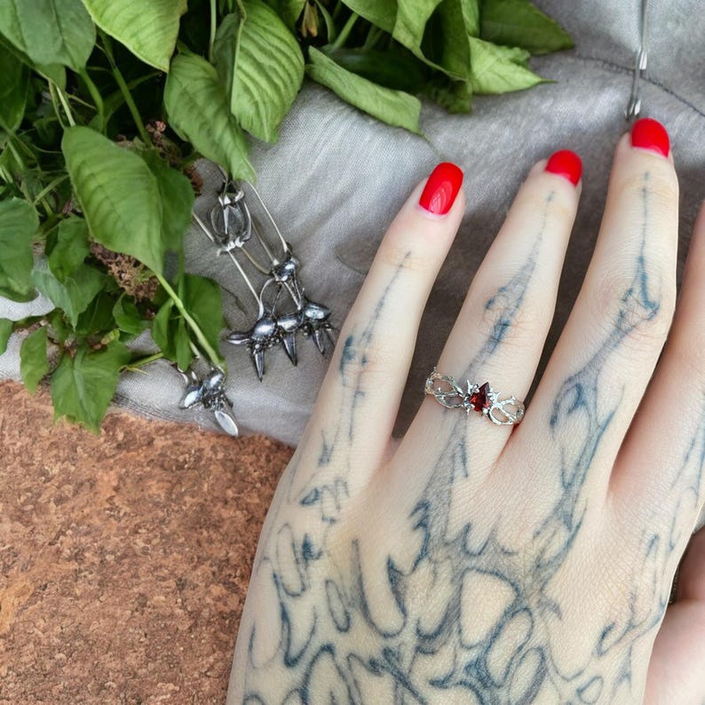 Garnet Fairy Ring, Twig Garnet Tree Branch Ring, Thin Silver Nature ...