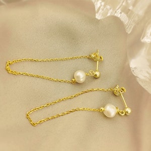 Dainty Gold Freshwater Pearl Chain Earrings: Sterling Silver - Etsy