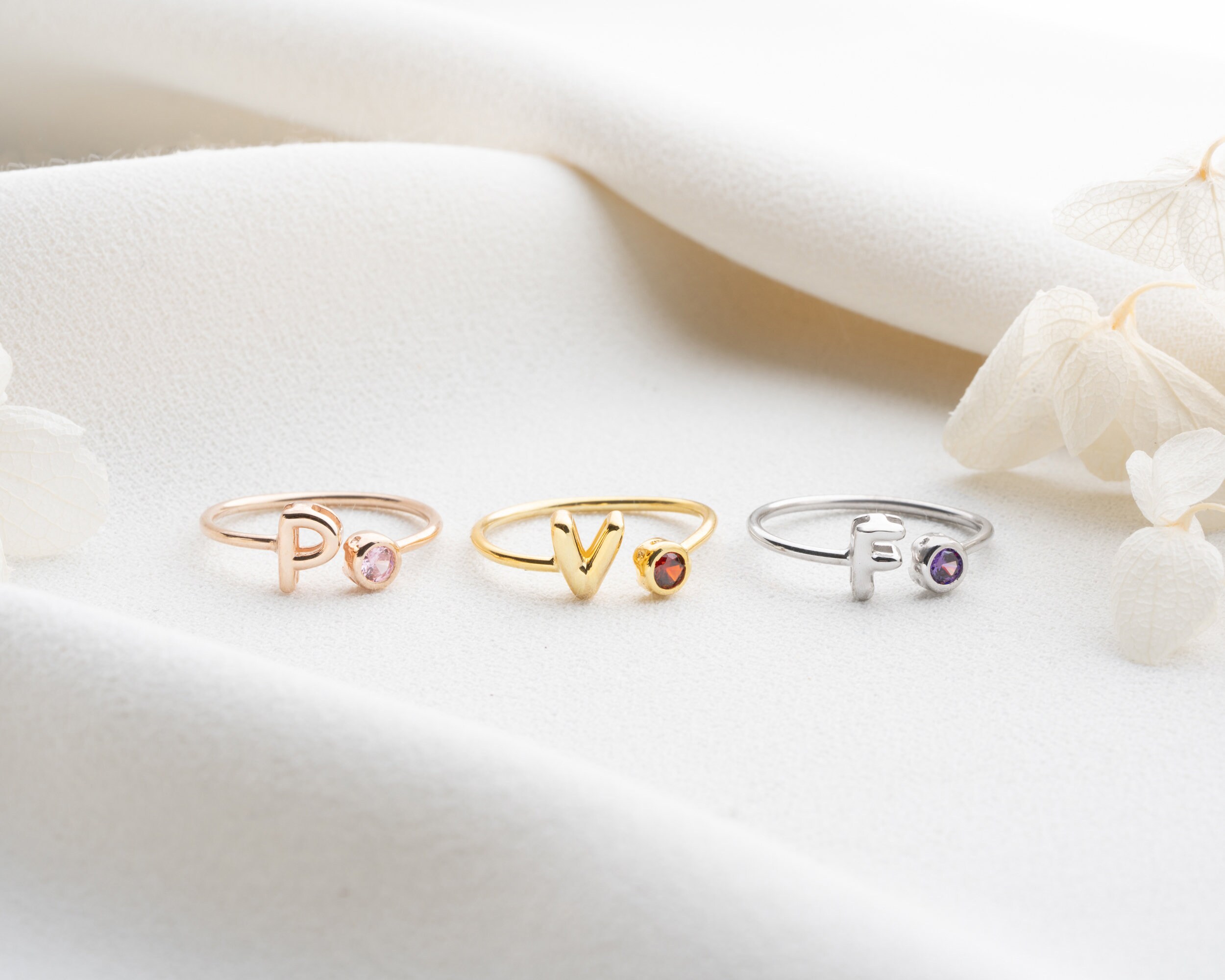 3D Bubble Letter Birthstone Rings, Tiny Balloon Letter Birthstone Rings ...
