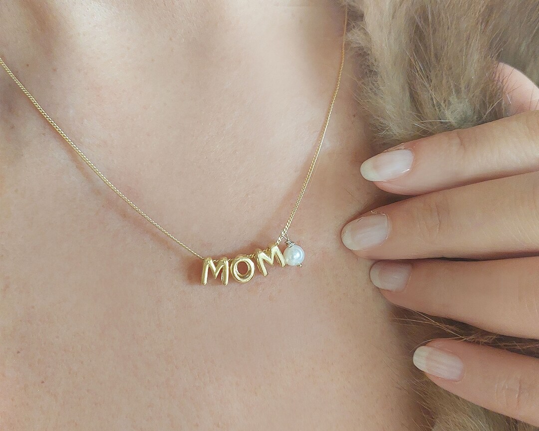3D Bubble Letter Mom Necklace, Balloon Letter Mom Necklace With Pearl ...