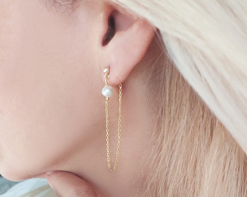 Dainty Gold Freshwater Pearl Chain Earrings: Sterling Silver - Etsy