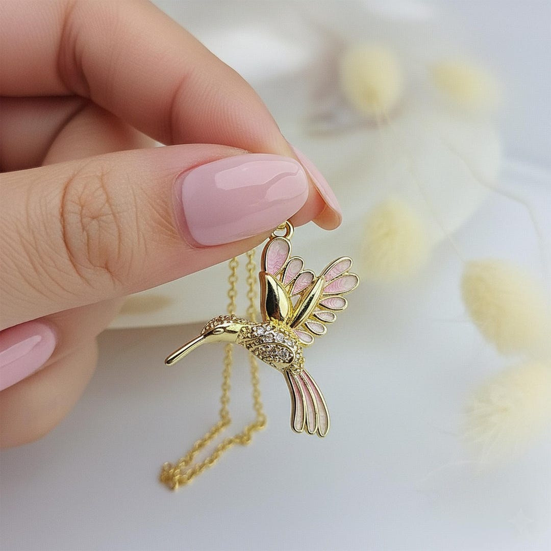 Pink Enamel Hummingbird Necklace, Gold Bird Pendant, Feminine Jewelry ...