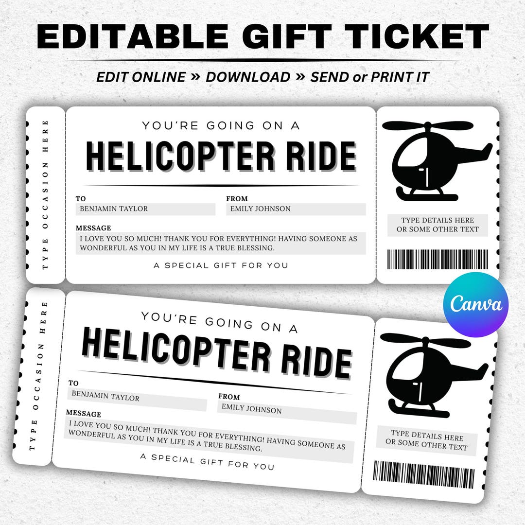 Helicopter Ride Gift Voucher Template - Editable Helicopter Tour Ticket ...