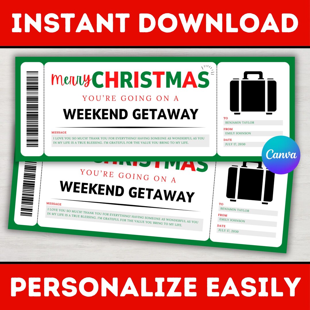 Editable Christmas Weekend Getaway Gift Ticket Template - Christmas ...