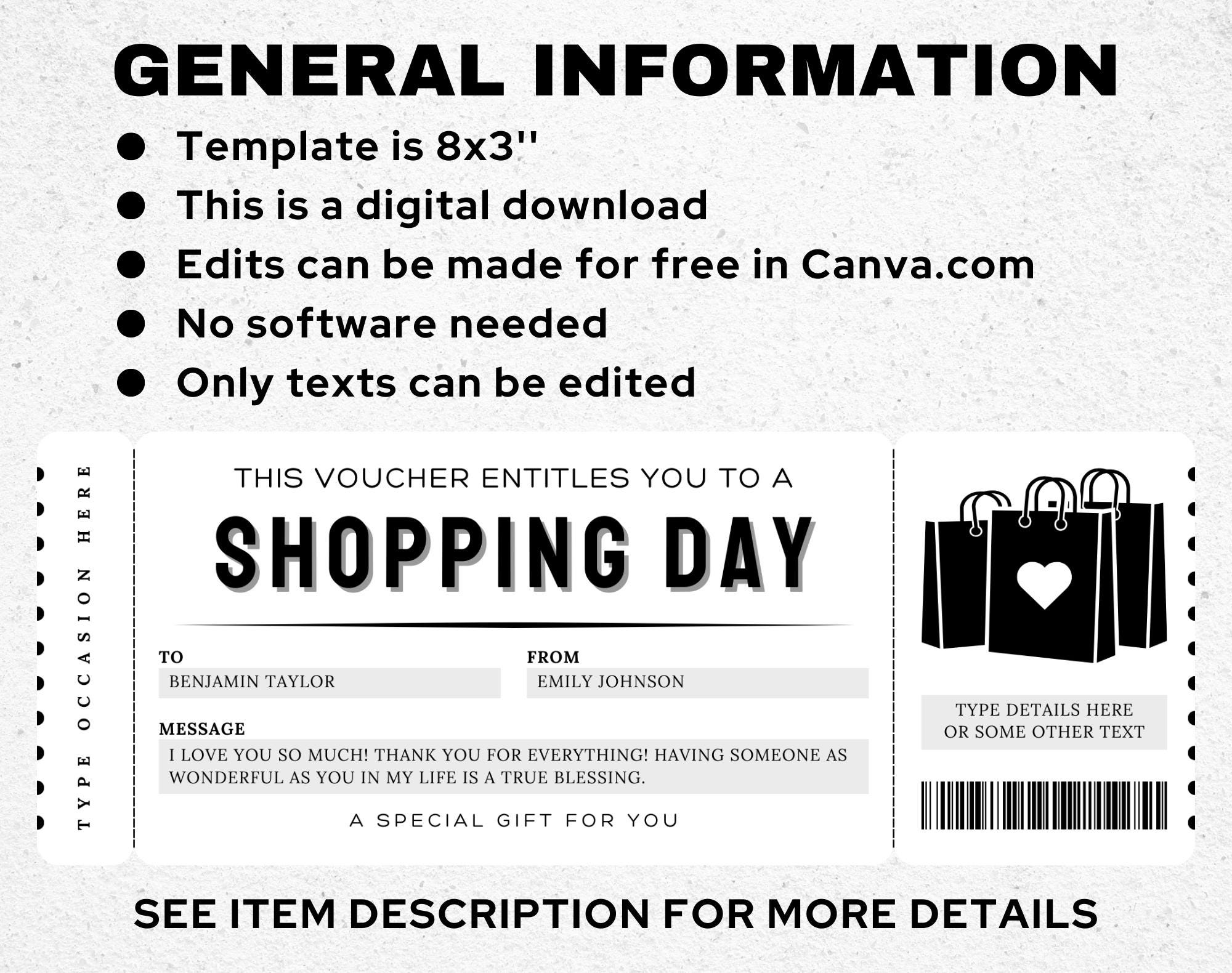 Shopping Day Gift Voucher Template Editable Shopping Spree Ticket ...