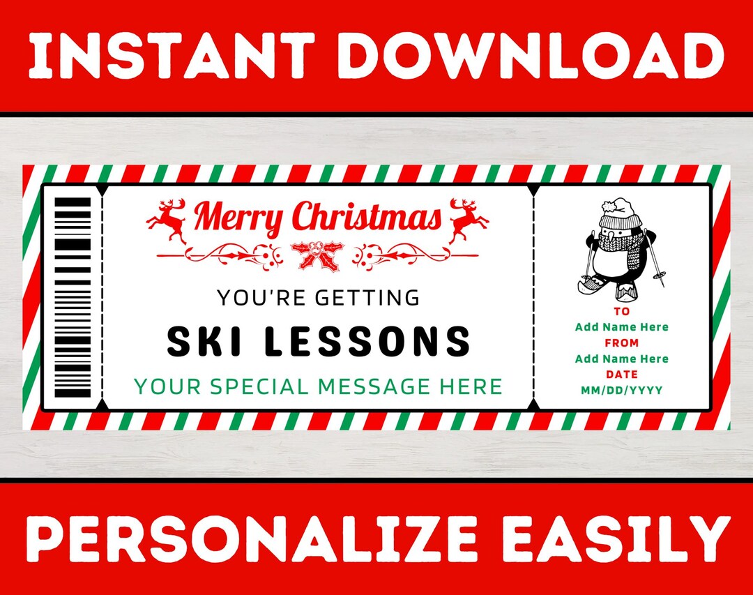 Christmas Ski Lessons Gift Voucher Ticket Template Surprise Ski Lift ...