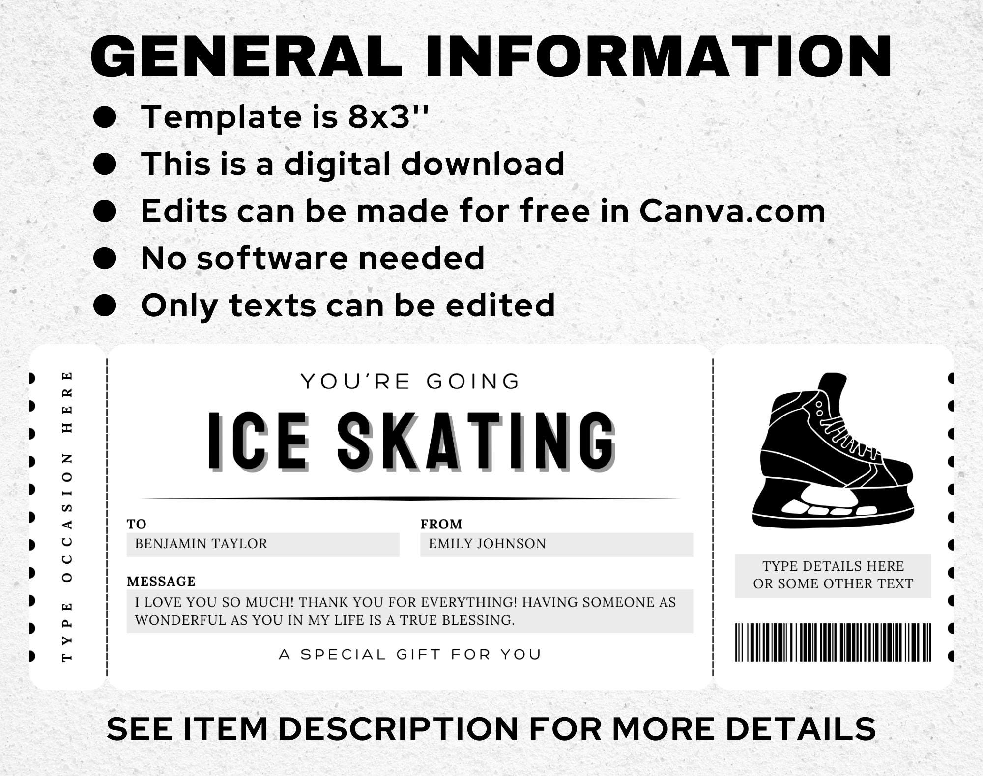 Ice Skating Gift Voucher Template Editable Ice Skating Lessons Ticket ...