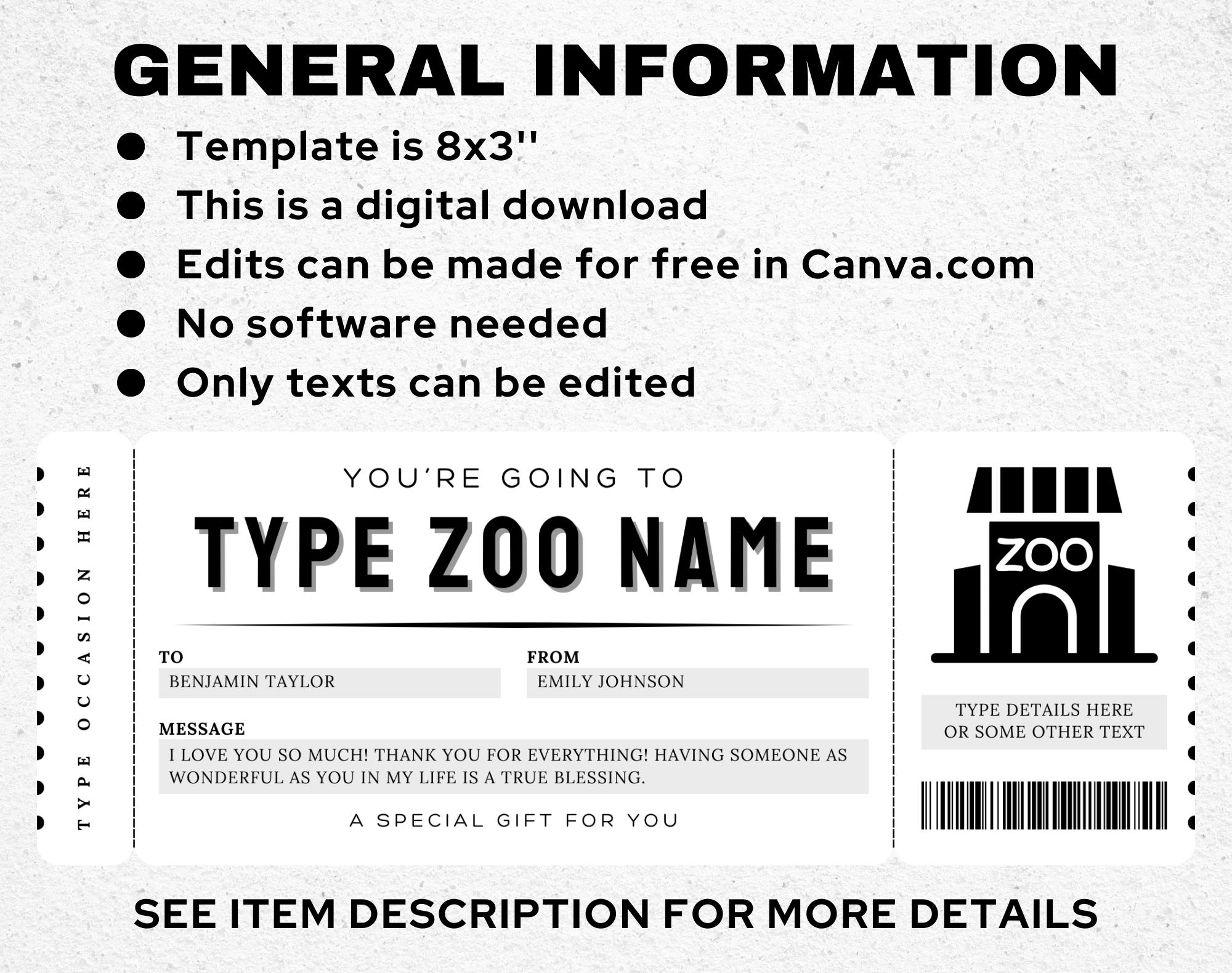 Zoo Gift Voucher Template Editable Zoo Trip Ticket Template Printable ...