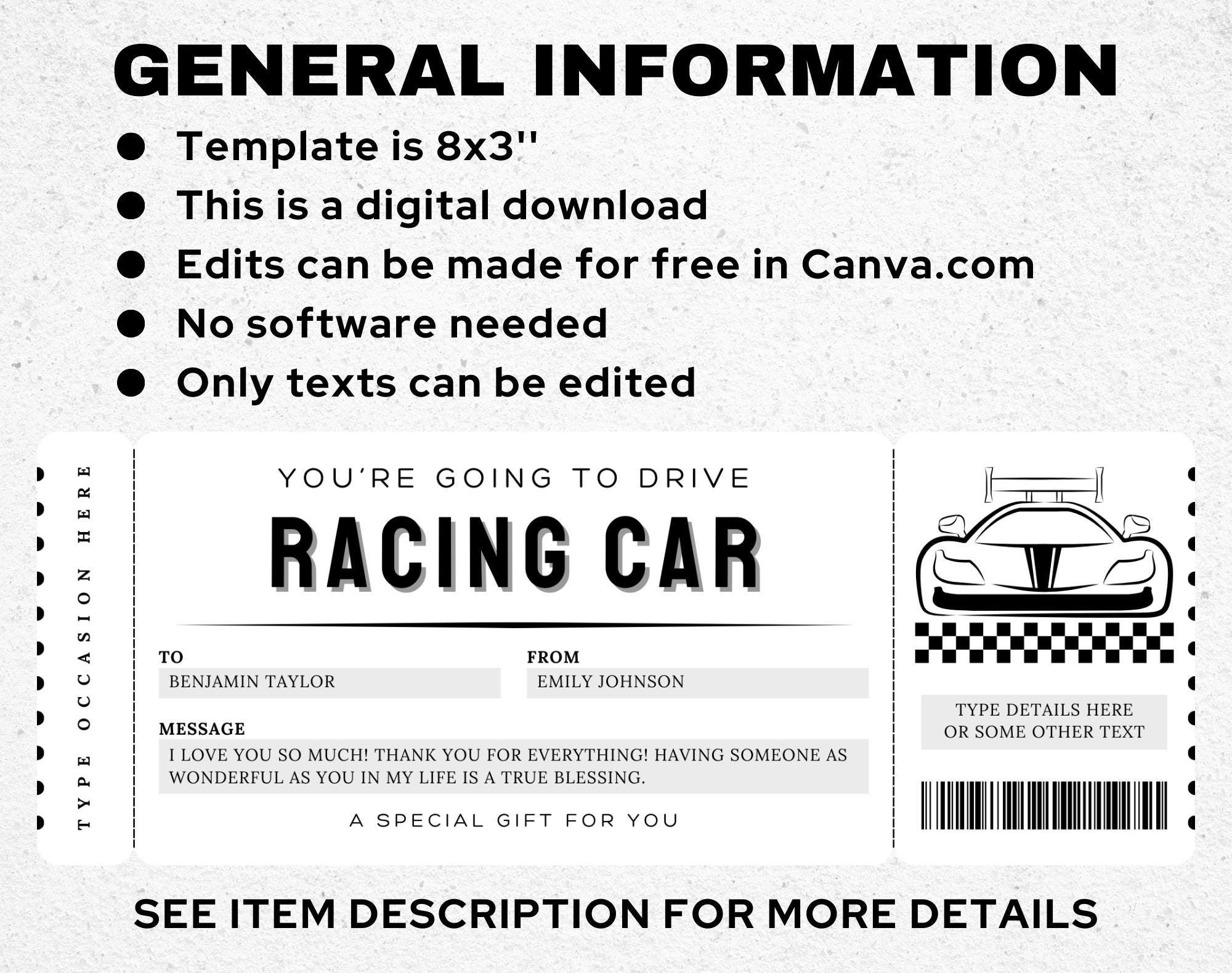 Driving Racing Car Gift Voucher Template - Editable Car Race Ticket ...