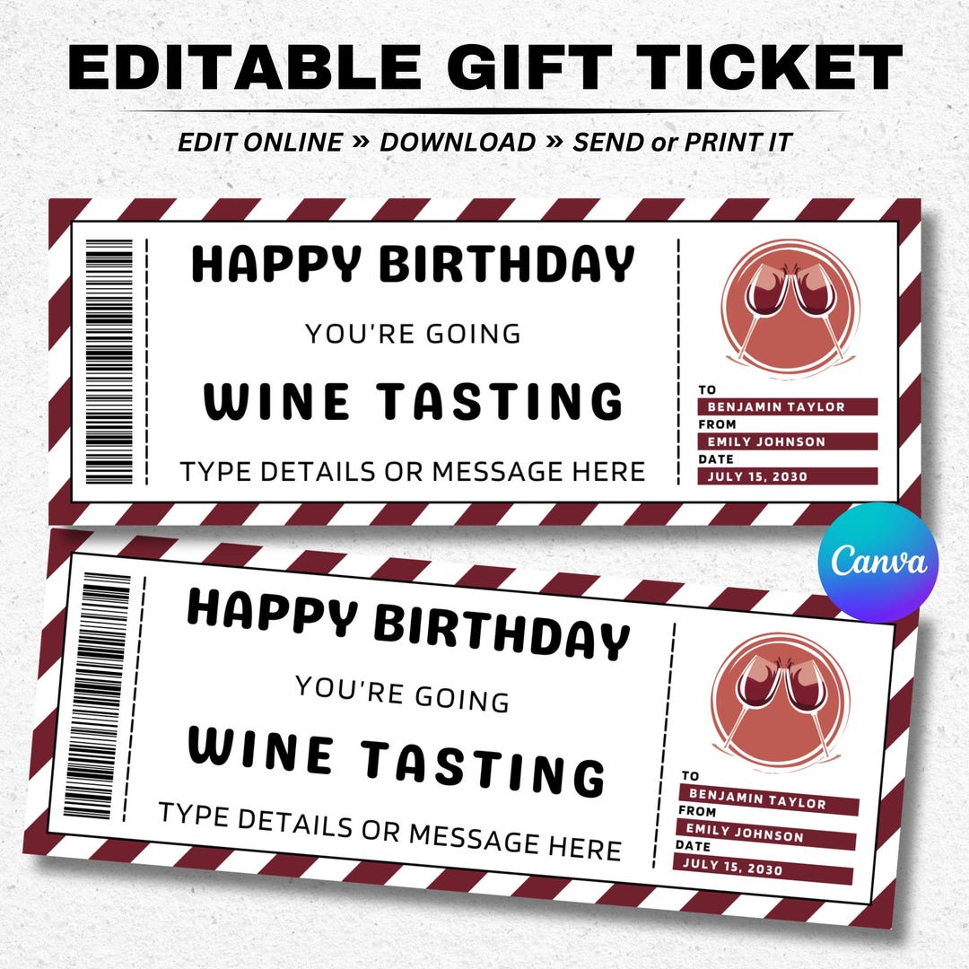 Birthday Wine Tasting Gift Voucher Ticket Template - Surprise Winery ...