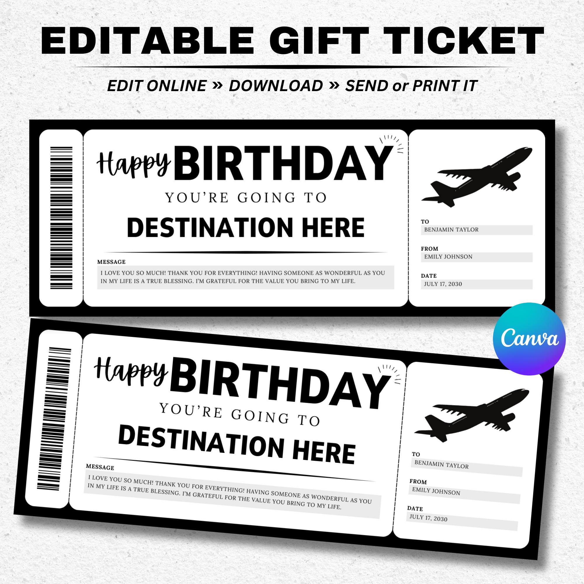 Editable Birthday Boarding Pass Gift Ticket Template Surprise Airplane ...
