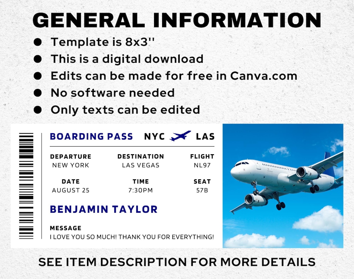 Bearbeitbare Bordkartenvorlage, druckbares personalisiertes Flugticket ...