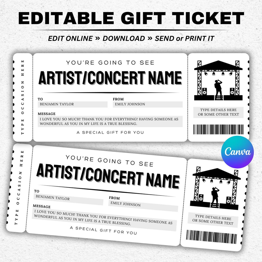Concert Gift Voucher Template Editable Concert Ticket Template Custom ...